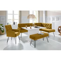 Eckbank exxpo - SOFA FASHION "Doppio, Chesterfield Optik, komfortabel und bequem, hohe Designfüße", gold (antic gold), B:158cm H:90cm T:236cm, 100% Polyester, Sitzbänke, Frei im Raum stellbar