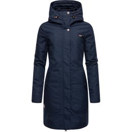 Wintermantel Ragwear "Jannisa", Damen, Gr. L (40), blau (navy), Au&szlig;enmaterial: 65% Polyester, 35% Baumwolle; Innenfutter: 100% Polyester; Wattierung: 100% Polyester, figurumspielend ca. Mitte Oberschenkel, hoch geschlossener Ausschnitt, &Auml;rmel ohne &Auml;rmelschlitz Rippstrickb&uuml;ndchen mit Druckkn&ouml;pfen,verstellbar, M&auml;ntel Wintermantel, stylischer Damen Winterparka mit Kapuze, Topseller
