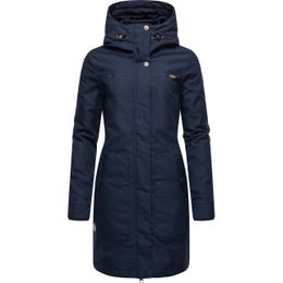 Wintermantel Ragwear "Jannisa", Damen, Gr. 4XL (48), blau (navy), Au&szlig;enmaterial: 65% Polyester, 35% Baumwolle. Innenfutter: 100% Polyester. Wattierung: 100% Polyester, figurumspielend ca. Mitte Oberschenkel, hoch geschlossener Ausschnitt, &Auml;rmel ohne &Auml;rmelschlitz Rippstrickb&uuml;ndchen mit Druckkn&ouml;pfen,verstellbar, M&auml;ntel Wintermantel, stylischer Damen Winterparka mit Kapuze