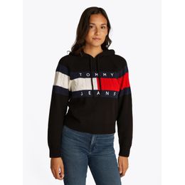 Kapuzenpullover Tommy Jeans "TJW CENTER FLAG HOOD SWEATER EXT", Damen, Gr. L (40), schwarz, Strick, Obermaterial: 50% Polyacryl, 50% Polyester, kontrastfarbene Details, casual, regular fit kurz, Langarm Bündchen, Pullover, mit Kapuze, großem Logo-Flag