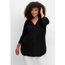 Longbluse sheego by Joe Browns "Große Größen", Damen, Gr. 46, schwarz, Obermaterial: 100% Viskose (LENZING ECOVERO);Spitze: 100% Baumwolle, unifarben, feminin, figurumspielend lang, 3/4-Ärmel, Blusen, mit Häkelspitze und Biesen