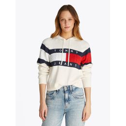 Kapuzenpullover Tommy Jeans "TJW CENTER FLAG HOOD SWEATER EXT", Damen, Gr. L (40), weiß (ancient weiß), Strick, Obermaterial: 50% Polyacryl, 50% Polyester, kontrastfarbene Details, casual, regular fit kurz, Langarm Bündchen, Pullover, mit Kapuze, großem Logo-Flag