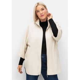 Hemdjacke sheego "Große Größen", Damen, Gr. 44, beige, Obermaterial: 90% Polyester, 10% Wolle;Kragen: 90% Baumwolle, 8% Polyester, 2% Elasthan;Taschenfutter: 55% Viskose, 45% Polyester, unifarben, klassisch, figurumspielend normal, 3/4-Ärmel, Jacken, in lockerer Cape-Form, mit Wollanteil