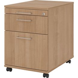 eurokraft pro Rollcontainer, 1 Utensilienschub, 1 Materialschub, 1 Hängeregistratur, Tiefe 580 mm, Dekor Nussbaum