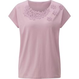 Damen Rundhalsshirt mit Spitzenbl&uuml;ten mauve, Gr&ouml;&szlig;e 54