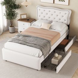 Fortuna Lai Polsterbett 90x200cm mit 2 Schubladen und höhenstellbarem Dekorativen Nieten Kopfteil Einzelbett, hellbeige
