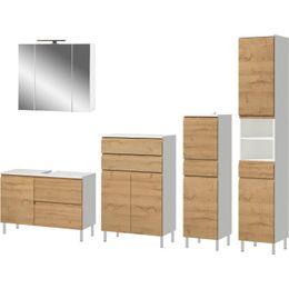 Badmöbel-Set Germania "Torrance", weiß (weiß, grandson, eiche, nachbildung), B:253cm H:190cm T:34cm, Kastenmöbel-Sets, Unterschrank, Spiegelschrank mit Beleuchtung, Kommode, Hochschrank