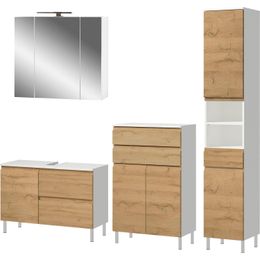 Badmöbel-Set Germania "Torrance", weiß (weiß, grandson, eiche, nachbildung), B:204cm H:190cm T:34cm, Kastenmöbel-Sets, Unterschrank, Spiegelschrank mit Beleuchtung, Kommode und Hochschrank