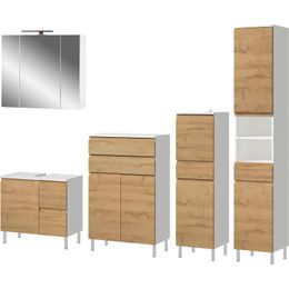 Badmöbel-Set Germania "Torrance", weiß (weiß, grandson, eiche, nachbildung), B:233cm H:190cm T:34cm, Kastenmöbel-Sets, Unterschrank, Spiegelschrank, Beleuchtung, Kommode, Hochschrank