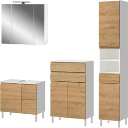 Badmöbel-Set Germania "Torrance", weiß (weiß, grandson, eiche, nachbildung), B:184cm H:190cm T:34cm, Kastenmöbel-Sets, Unterschrank, Spiegelschrank mit Beleuchtung, Kommode und Hochschrank