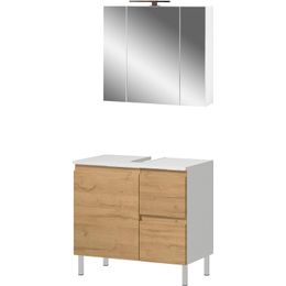 Badmöbel-Set Germania "Torrance", weiß (weiß, grandson, eiche, nachbildung), B:60cm H:190cm T:34cm, Kastenmöbel-Sets, Waschbecken-Unterschrank und Spiegelschrank mit Beleuchtung