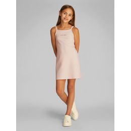 Sommerkleid Calvin Klein Jeans "STRAP PUNTO DRESS", Mädchen, Gr. 10 (140), N-Gr, silber (silber peony), Jersey, Obermaterial: 66% Viskose, 30% Polyamid, 4% Elasthan, unifarben, casual, slim fit, Rundhals, Kleider, mit Logoschriftzug