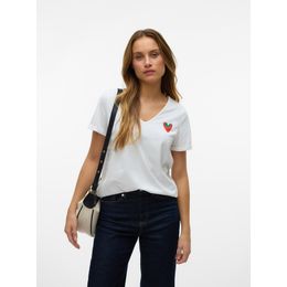 V&eacute;ro Moda Kurzarmshirt VERO MODA "VMBITONA S/S V-NECK T-SHIRT JRS BTQ GA", Damen, Gr. XS, wei&szlig; (snow wei&szlig; print:strawberry print), Jersey, Obermaterial: 100% Baumwolle, bedruckt, regular fit normal, V-Ausschnitt, Shirts