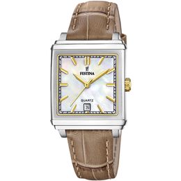 Festina Damen Quarzuhr "On The Square", braun, Armbanduhren, Armbanduhr, Damenuhr, Lederarmband, Datum