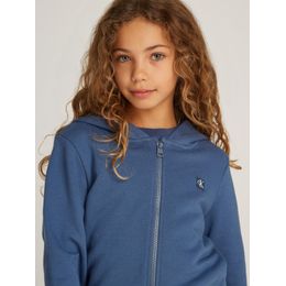 Kapuzensweatjacke Calvin Klein Jeans "MINI BADGE ZIP-THROUGH", Jungen, Gr. 10 (140), blau (oceana), Sweatware, Obermaterial: 86% Baumwolle, 14% Polyester, unifarben, regular fit, Langarm Rippbündchen, Sweatjacken, mit Logo-Badge