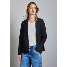 Kurzblazer Street One, Damen, Gr. 44, lila (deep tint blau), Stoff, Obermaterial: 46% Viskose, 28% Nylon, 21% Polyester, 5% Elasthan; Futter: 100% Polyester, Strukturmuster, casual, regular fit normal, V-Ausschnitt, Langarm Bündchen, Blazer, mit Reverskragen