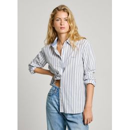 Hemdbluse Pepe Jeans "CLEVER", Damen, Gr. L, 563 steel blau, Web, Obermaterial: 100% Baumwolle, gestreift, casual, regular fit, Langarm mit Schlitz,mit Knöpfen, Blusen, mit Logostickerei