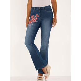 Bootcut-Jeans Classic Basics, Damen, Gr. 40, Normalgrößen, blau (blau, stone, washed), 81% Baumwolle, 17% Polyester, 2% Elasthan, geblümt, gemustert, mehrfarbig, lang, Jeans