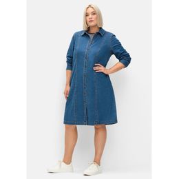 Jeanskleid sheego "Große Größen", Damen, Gr. 40, Normalgrößen, blau (blau denim), Obermaterial: 98% Baumwolle, 2% Elasthan, unifarben, casual, figurumspielend knieumspielend, ohne Ausschnitt, Langarm, Kleider, mit Hemdkragen und Druckknopfleiste