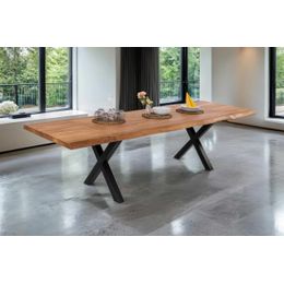 Esstisch mit Ansteckplatten 160(260)x90 cm Baumkante Akazie natur X-Gestell schwarz CALI