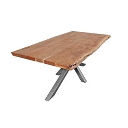 B-Ware Esstisch Baumkante Akazie massiv 50mm Natur 200 x 100 cm Spider-Gestell silber CALI