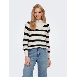 Stehkragenpullover Only "ONLLEISE FREYA LS ZIP HIGH NECK KNT NOOS", Damen, Gr. L (40), beige (birch stripes:schwarz), Strick, Obermaterial: 85% Polyacryl, 8% Polyamid, 7% Polyester, gestreift, modisch, Langarm, Pullover, mit Streifenmuster