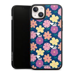 DeinDesign iPhone 14 Handy Premium Silikon H&uuml;lle Handyh&uuml;lle schwarz Case Muster Snoopy Flowers Silikon Premium Case