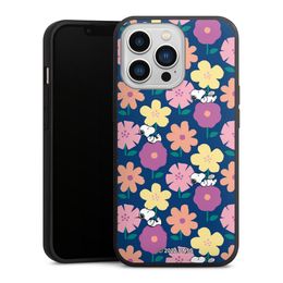 DeinDesign iPhone 13 Pro Handy Premium Silikon H&uuml;lle Handyh&uuml;lle schwarz Case Muster Snoopy Flowers Silikon Premium Case