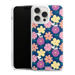 DeinDesign iPhone 15 Pro Max Handy Silikon H&uuml;lle Case wei&szlig; Handyh&uuml;lle Muster Snoopy Flowers Silikon Case