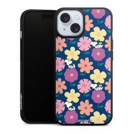 DeinDesign iPhone 15 Handy Premium Silikon H&uuml;lle Handyh&uuml;lle schwarz Case Muster Snoopy Flowers Silikon Premium Case