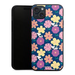 DeinDesign iPhone 15 Plus Handy Premium Silikon H&uuml;lle Handyh&uuml;lle schwarz Case Muster Snoopy Flowers Silikon Premium Case