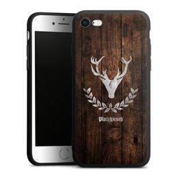 DeinDesign iPhone SE (2020) Handy Premium Silikon H&uuml;lle Handyh&uuml;lle schwarz Case Wood Deer Wooden Look Silikon Premium Case