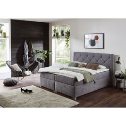 Boxbett "Meike", grau, B:220cm L:207cm, Bezug Bett: Strukturstoff (100% PES);Taschen-Federkernmatratze: Strukturstoff 100% PES; Jersey (100% PES);Topper: Jersey 100% PES, ATLANTIC HOME COLLECTION, Komplettbetten, Boxspringbett, mit XXL-Bettkasten und Topper