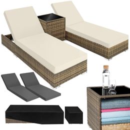 TecTake&reg; 2er Set Aluminium Rattan Sonnenliegen, wetterfest und UV-best&auml;ndig, Tisch mit Staufach, inklusive 2 Bezugssets und Schutzh&uuml;lle