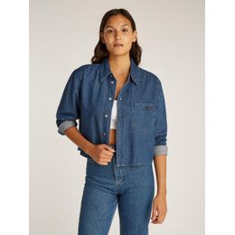 Jeansbluse Calvin Klein Jeans "CROPPED DAD DENIM SHIRT", Damen, Gr. L (40), blau (denim medium), Denim/Jeans, Obermaterial: 100% Baumwolle, unifarben, casual, normal kurz, Langarm Ärmel mit Ärmelschlitz 1-Knopf-Manschette, Blusen, in blauer Waschung