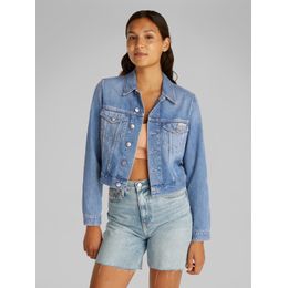 Jeansjacke Calvin Klein Jeans "CROPPED 90'S DENIM TRUCKER", Damen, Gr. L (40), blau (denim light), Denim/Jeans, Obermaterial: 100% Baumwolle, unifarben, casual, normal kurz, Langarm 1-Knopf-Manschette, Jacken, in hellblauer Waschung