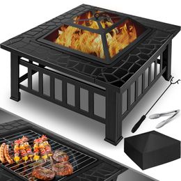 Kesser&reg; Feuerstelle mit Grillrost & Grillzange Feuerschale 82x82x50cm, 3in1 Multifunktional Fire Pit f&uuml;r Heizung/BBQ Grill, Garten Terrasse , Metall Feuerkorb mit Schutzh&uuml;lle Sch&uuml;rhaken Funkenschutz