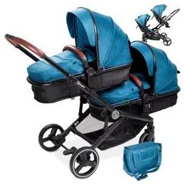 Zwillings-Kombikinderwagen BABYGO "Twinner Set, Blau melange", Baby, blau (blau melange), Aluminium, Polyester, Kinderwagen, inkl. 2 Regenhauben, Wickeltasche