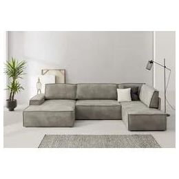 Wohnlandschaft Home Affaire "SHERWOOD XXL 329 cm, U-Form, Schlafsofa", grau (mittelgrau), B:329cm H:85cm T:195cm, Sofas, Schlaffunktion m. Bettkasten (194x139 cm), Cord, Vintage, Samtvelours, Topseller