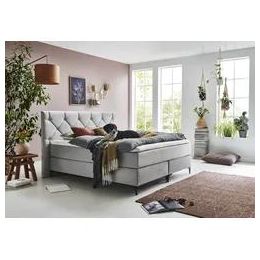 Boxspringbett Home Affaire "Aiko", grau, B:180cm L:207cm, Bezug Bett: haustierfreundlicher Strukturstoff (100% Polyester), besonders pflegeleicht und antistatisch. Bezug Topper: Jersey; Gestell: Massivholzrahmen, Komplettbetten, 100% vegan, mit tierfreundlichem Bezugssstoff, besonders pflegeleicht