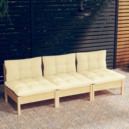 vidaXL 3-Sitzer-Gartensofa Mit Grauen Kissen Massivholz Kiefer | Farbe: Braun und Creme