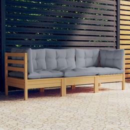 vidaXL 3-Sitzer-Gartensofa Mit Grauen Kissen Massivholz Kiefer | Farbe: Braun und Grau