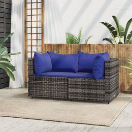 vidaXL Garten-Ecksofas Mit Kissen 2 Stk. Schwarz Poly Rattan | Farbe: Grau und Blau | Modell: 2x Eckteil