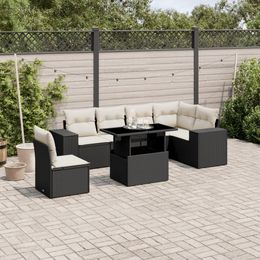 vidaXL 7-Tlg. Garten-Sofagarnitur Mit Kissen Schwarz Poly Rattan | Farbe: Schwarz und Creme