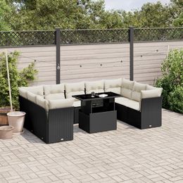 vidaXL 10-Tlg. Garten-Sofagarnitur Mit Kissen Poly Rattan | Farbe: Schwarz und Creme | Modell: ohne Stauraum