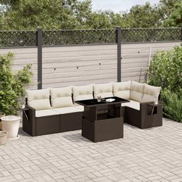 vidaXL 7-Tlg. Garten-Sofagarnitur Mit Kissen Schwarz Poly Rattan | Farbe: Braun und Creme