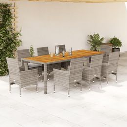 vidaXL 9-Tlg. Garten-Essgruppe Mit Kissen Poly Rattan Akazie | Anzahl der Artikel: 8 | Farbe: Grau | Material: Rattan-Armlehne