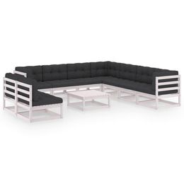 vidaXL 10-Tlg. Garten-Lounge-Set Massivholz Kiefer | Farbe: Weiß | Polster enthalten: Ja