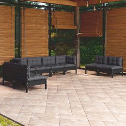 vidaXL 9-Tlg. Garten-Lounge-Set Mit Grauen Kissen Kiefer Massivholz | Farbe: Schwarz