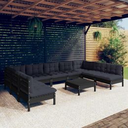 vidaXL 10-Tlg. Garten-Lounge-Set Mit Grauen Kissen Kiefer Massivholz | Farbe: Schwarz